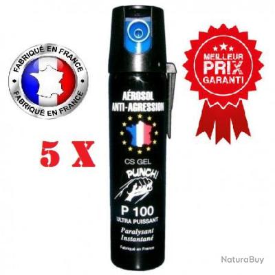 Lot 5 unités Bombe lacrymogene anti agression CS GEL PUNCH P100 75ml ...