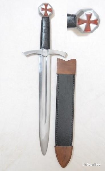 Belle Dague Templière de Combat forgée avec fourreau cuir Motif ...