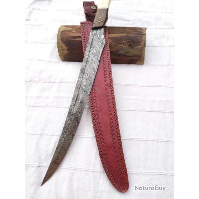 épée Lame DAMAS 512 COUCHES Manche en Noyer et Os avec Etui en Cuir ...