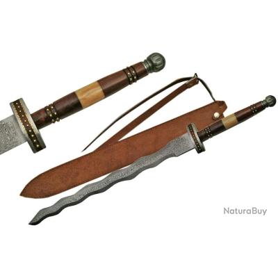 Épée Flamberge Lame DAMAS 512 couches Manche en Bois et os avec Etui en ...