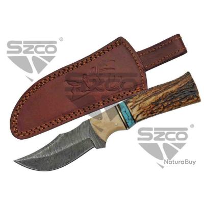 Couteau Damas Skinner Stag/Turquoise Lame 256 Couches Etui Cuir DM1274 ...