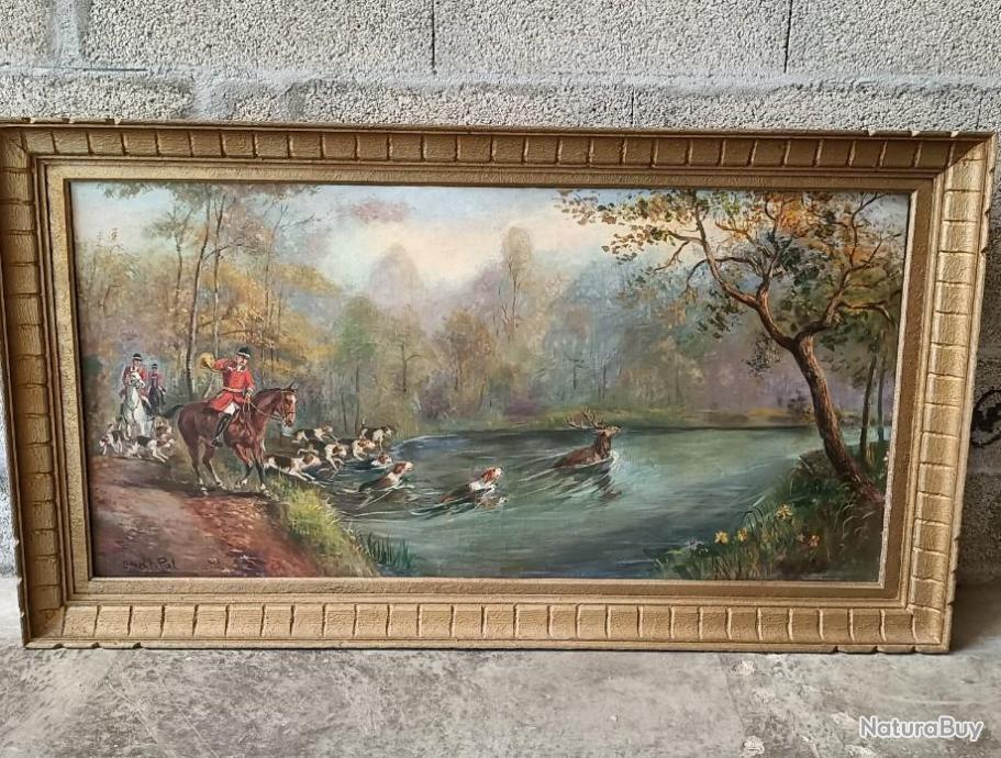 Grand tableau panoramique huile sur toile scène de chasse à courre cerf ...