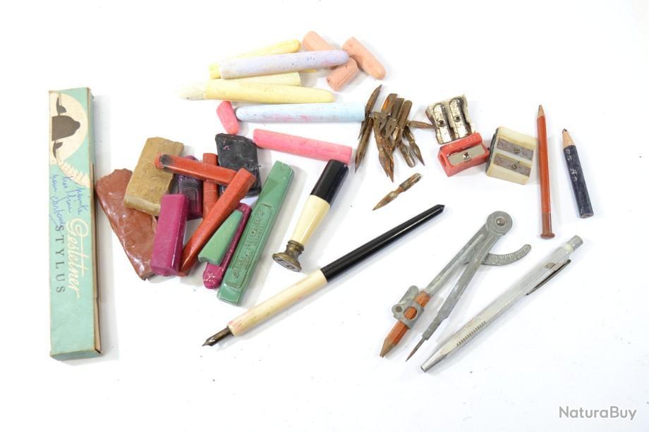 Lot ancien écriture cachet cire plume crayon compas craies ...