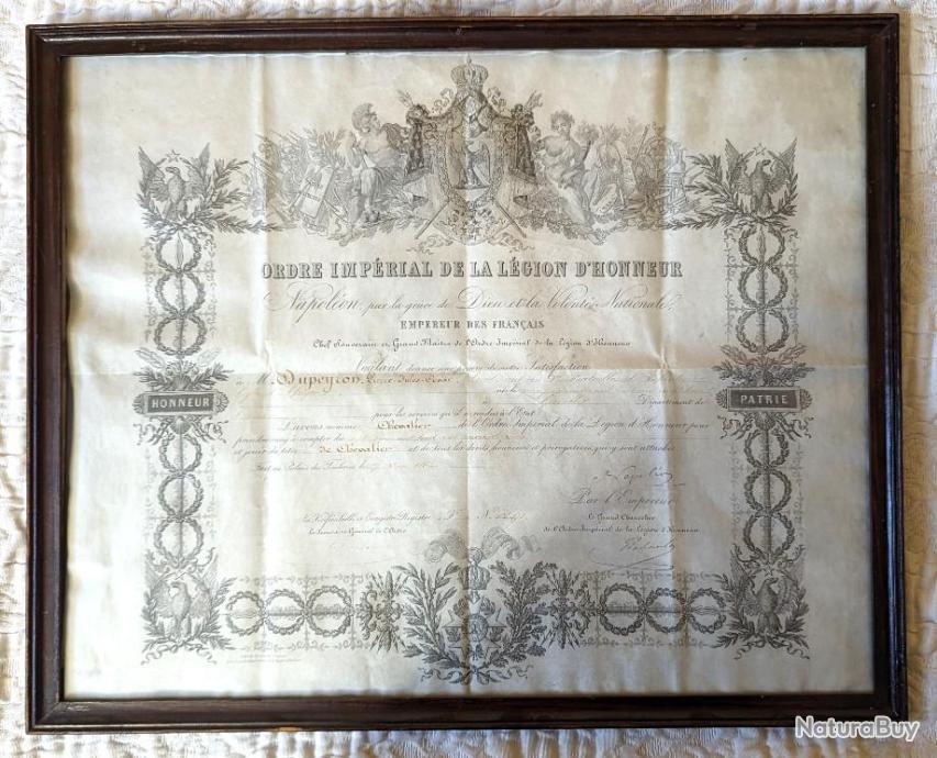 Diplôme de Chevalier de l'ordre Impérial de la légion d'honneur ...