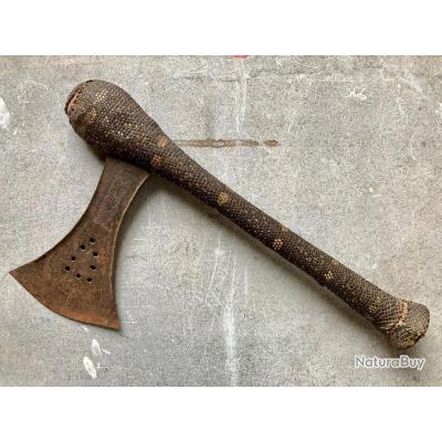 HACHE DE CEREMONIE AFRIQUE Songye Nsapo Congo PEAU DE REPTILE/FER FORGÉ ...