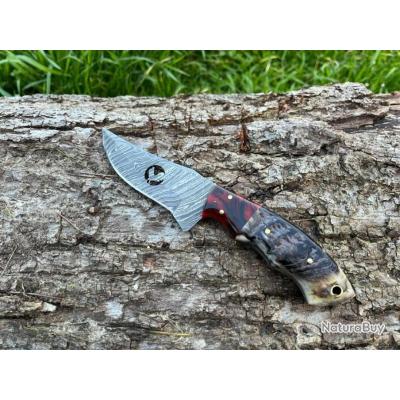 Couteau COQ FRANCAIS damas forgé LLF corne de bélier 20cm rouge ...