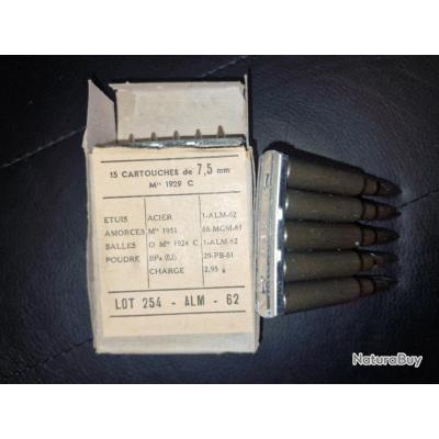 BOITE 15 MUNITIONS CARTOUCHES CALIBRE 7.5MM MODELE 1929 C - 7,5X54 MAS ...