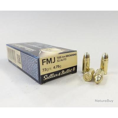 Cartouches SELLIER & BELLOT Calibre 7,65 BROWNING (32 ACP / 32 AUTO) 73grs FMJ - Boite de 50 ...