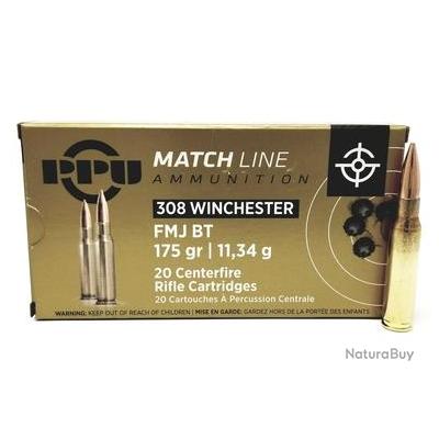 PPU Cartouches Calibre 308 Win FMJBT MATCH LINE 175grs - Boite de 20 ...