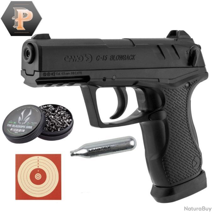 Pistolet CO2 C-15 BLOWBACK - Calibre 4,5 + plombs + capsules + cibles ...