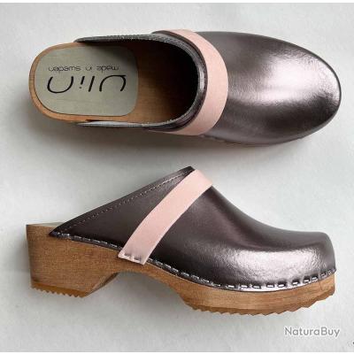 Sabots en bois femme et cuir métallisé bande nubuck ou cuir Métal étain ...
