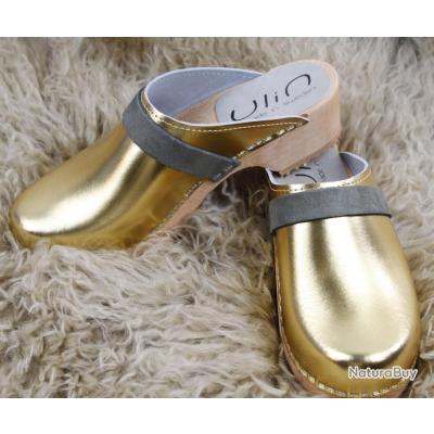 Sabots en bois femme et cuir métallisé bande nubuck ou cuir Métal doré ...