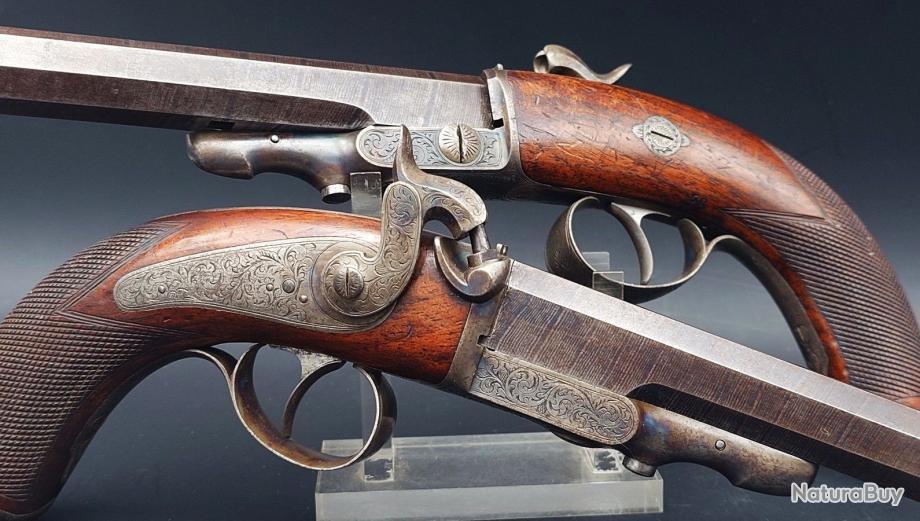 PAIRE DE PISTOLETS A SYSTEME CARTOUCHE PAPIER CANON PIVOTANT INVENTION ...