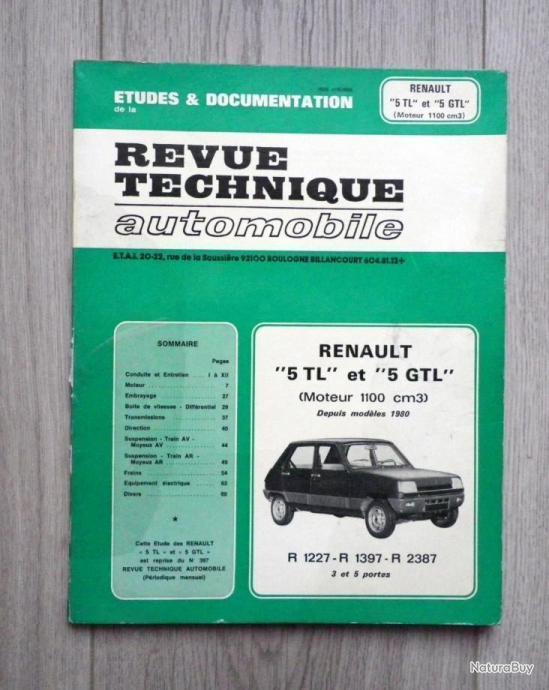 Revue Technique Automobile - RTA - voiture RENAULT - 5 TL / GTL ...