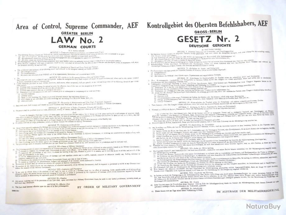 Affiche originale de proclamation de loi 1945 a Berlin US army Numero 2 ...