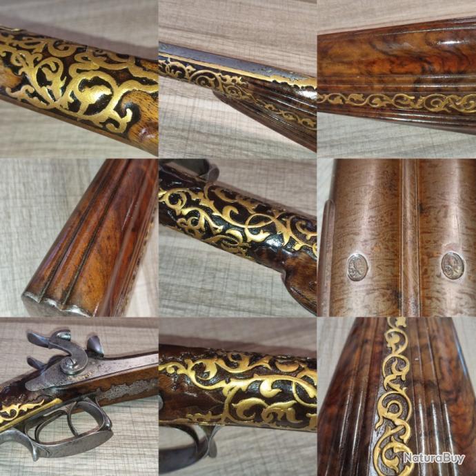 Fusil de grand luxe signé crosse renaissance sculptée et dorée canon ...