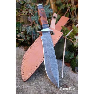 Poignard XXL Couteau Damas Lame 256 Couches Lame Drop Point Manche Bois ...