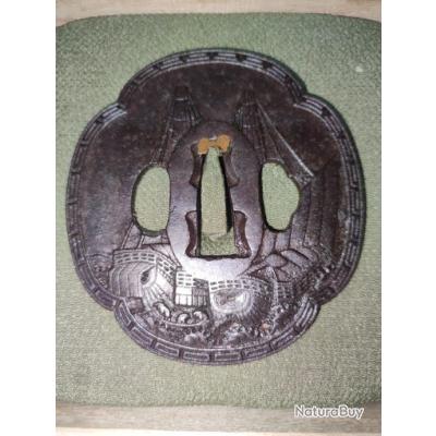 Tsuba japon antique en fer pour katana ou wakizashi décor deux navires ...