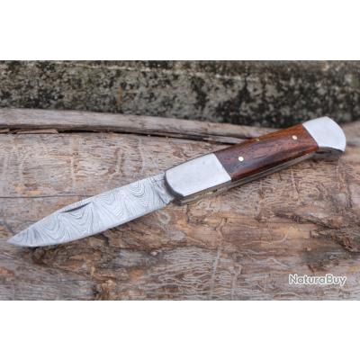 Beau Couteau Grand-Père Lame Drop Point Damas 128 Couches Manche Bois ...