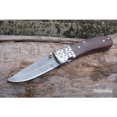 Beau Couteau Damas Lame Drop Point Acier 128 Couches Manche Bois ...