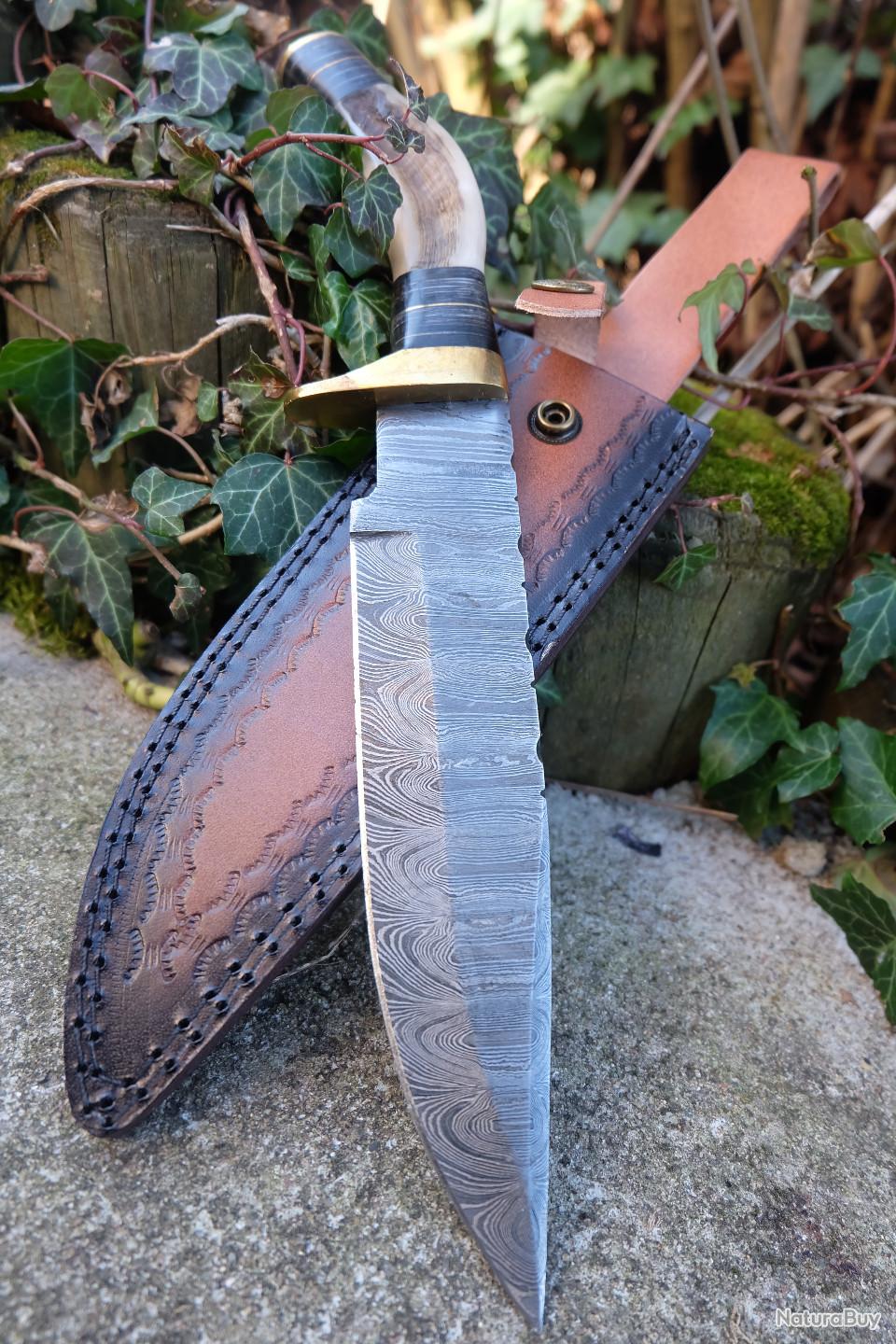 Puukko XXL Beau Couteau Damas Lame 256 Couches Drop Point Manche Bélier ...