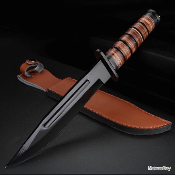 MAGNIFIQUE POIGNARD TYPE Camillus LAME NOIRE MANCHE CUIR ETUI CUIR ...