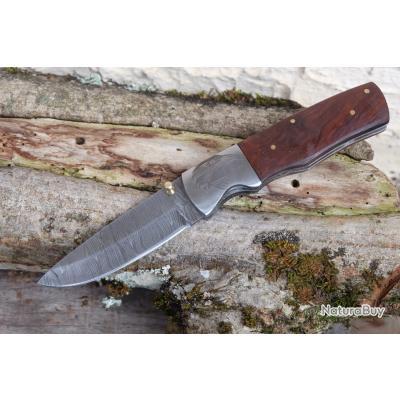 Beau Couteau Damas Lame Drop Point Acier 128 Couches Manche Bois Mitres ...
