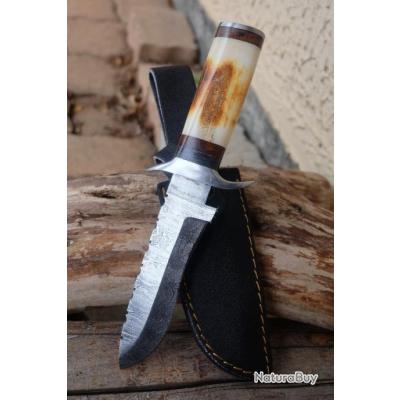 Couteau Damas Lame 256 Couches Lame Drop Point Manche Os Cerfé ...