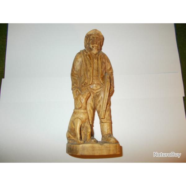 Ancienne sculpture bois massif chasseur fusil chien gibeciere vintage ...