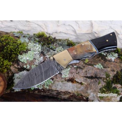 Beau Couteau Damas Lame Drop Point 128 Couches Manche Bélier & Résine ...
