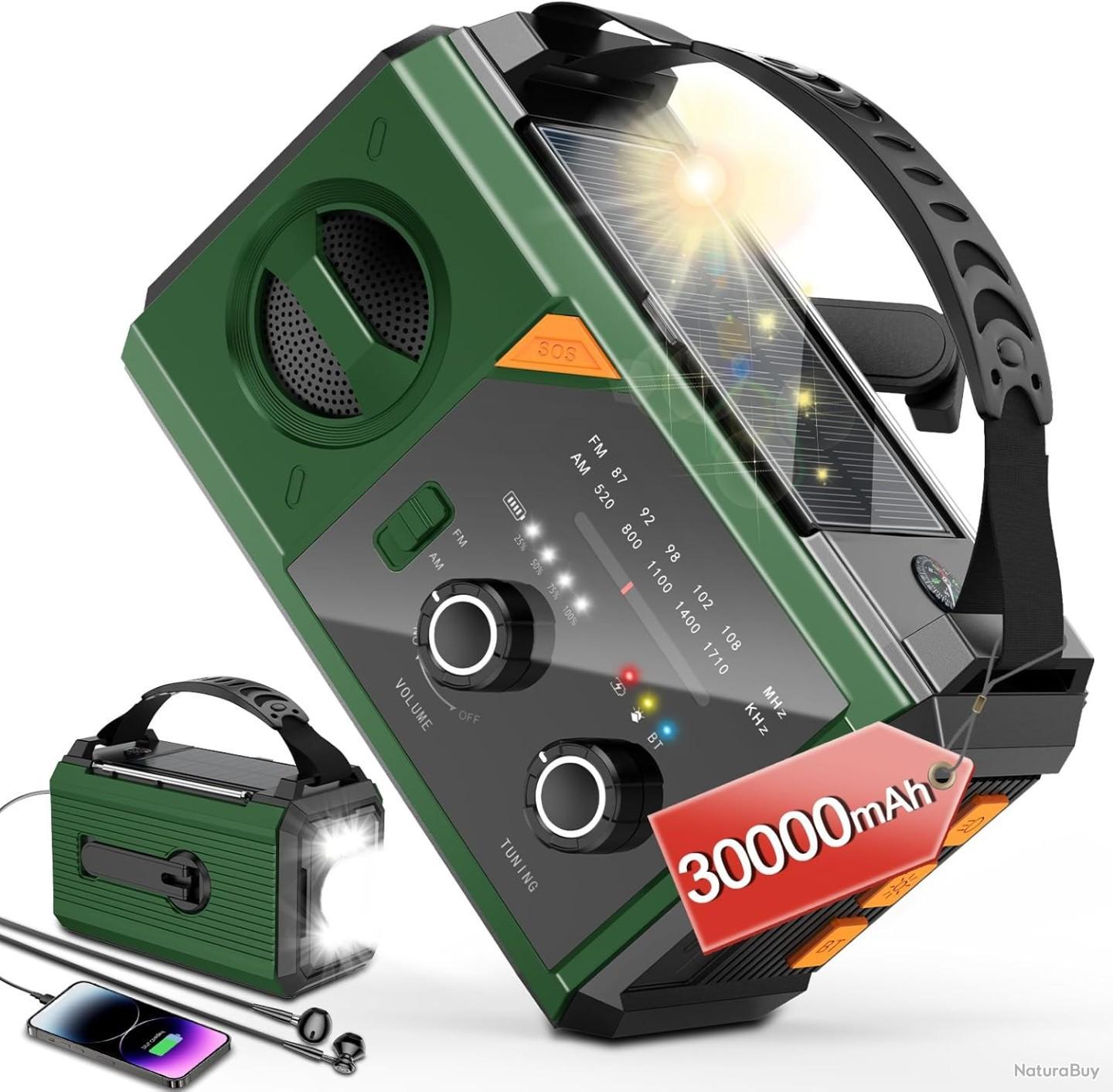 Radio Solaire Portable AM/FM Batterie 30000mAh Bluetooth Manivelle ...