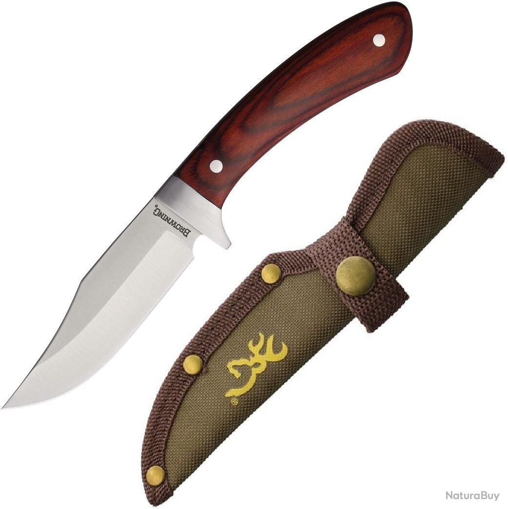 Couteau de Chasse Browning Lame Clip Point Acier Inox Manche Bois Etui ...