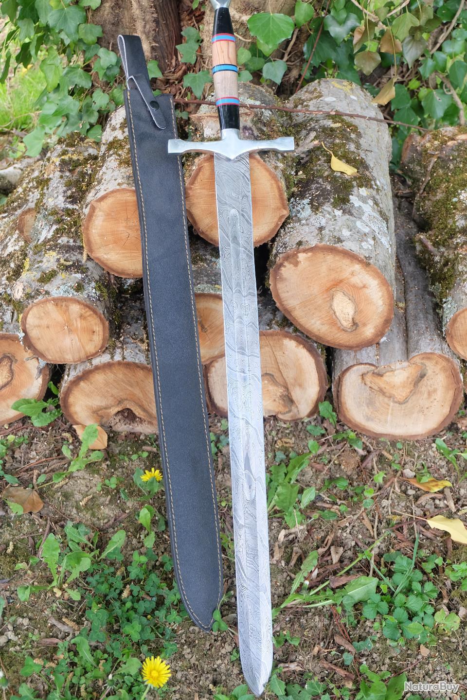 Epée de Chevalier Croisade Templier Lame Damas 512 Couches Manche Bois ...