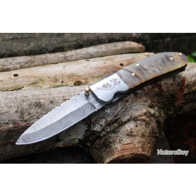 Beau Couteau Damas Lame Drop Point 128 Couches Manche Bélier Mitres ...