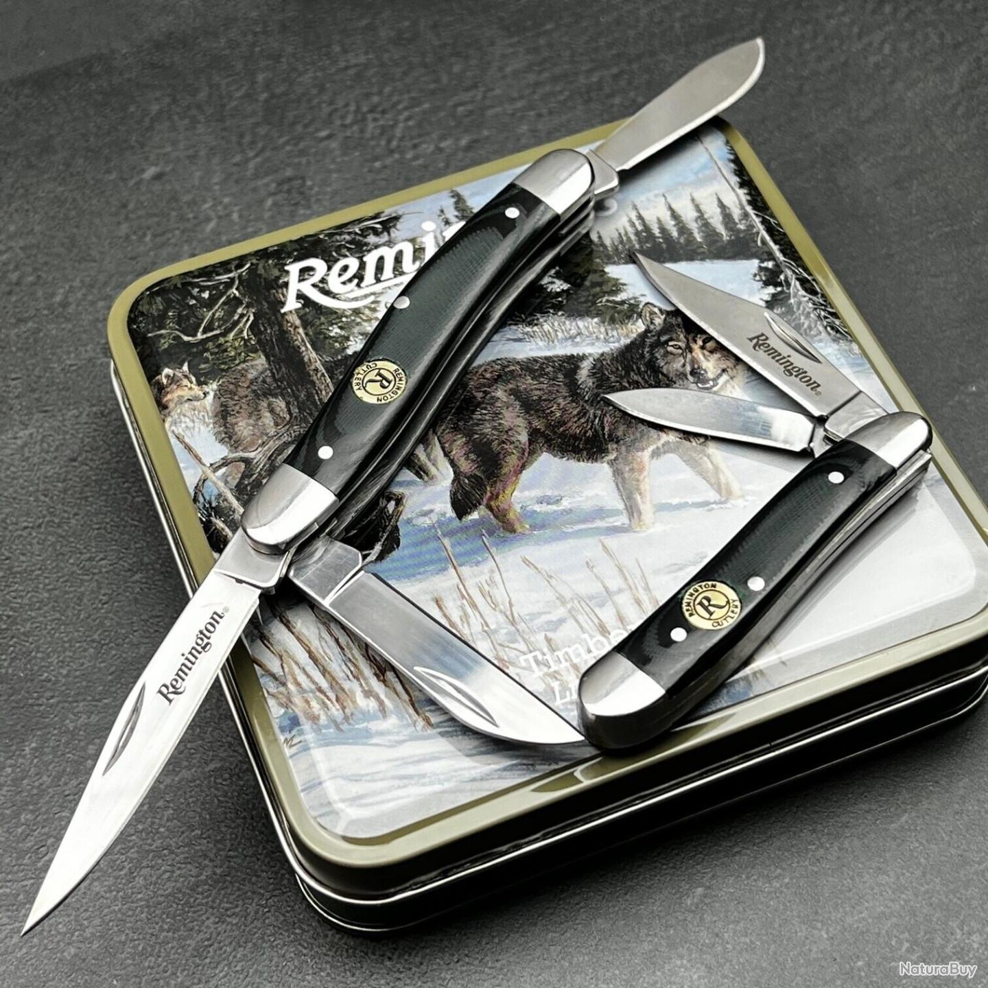 Set de Couteaux Pliants Remington White Tails Lames Acier Inoxydable Manches Micarta Boite Métal ...