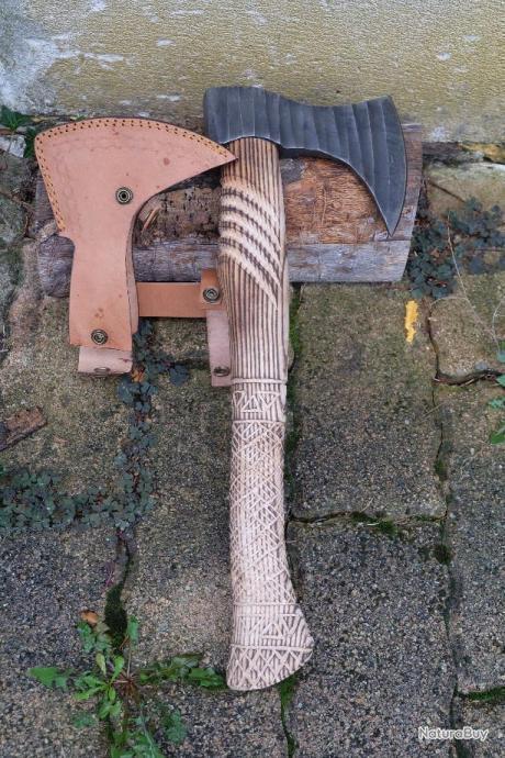 Belle Hache de Chef Viking Lame Acier Carbone 1075 Façon Silex Manche ...