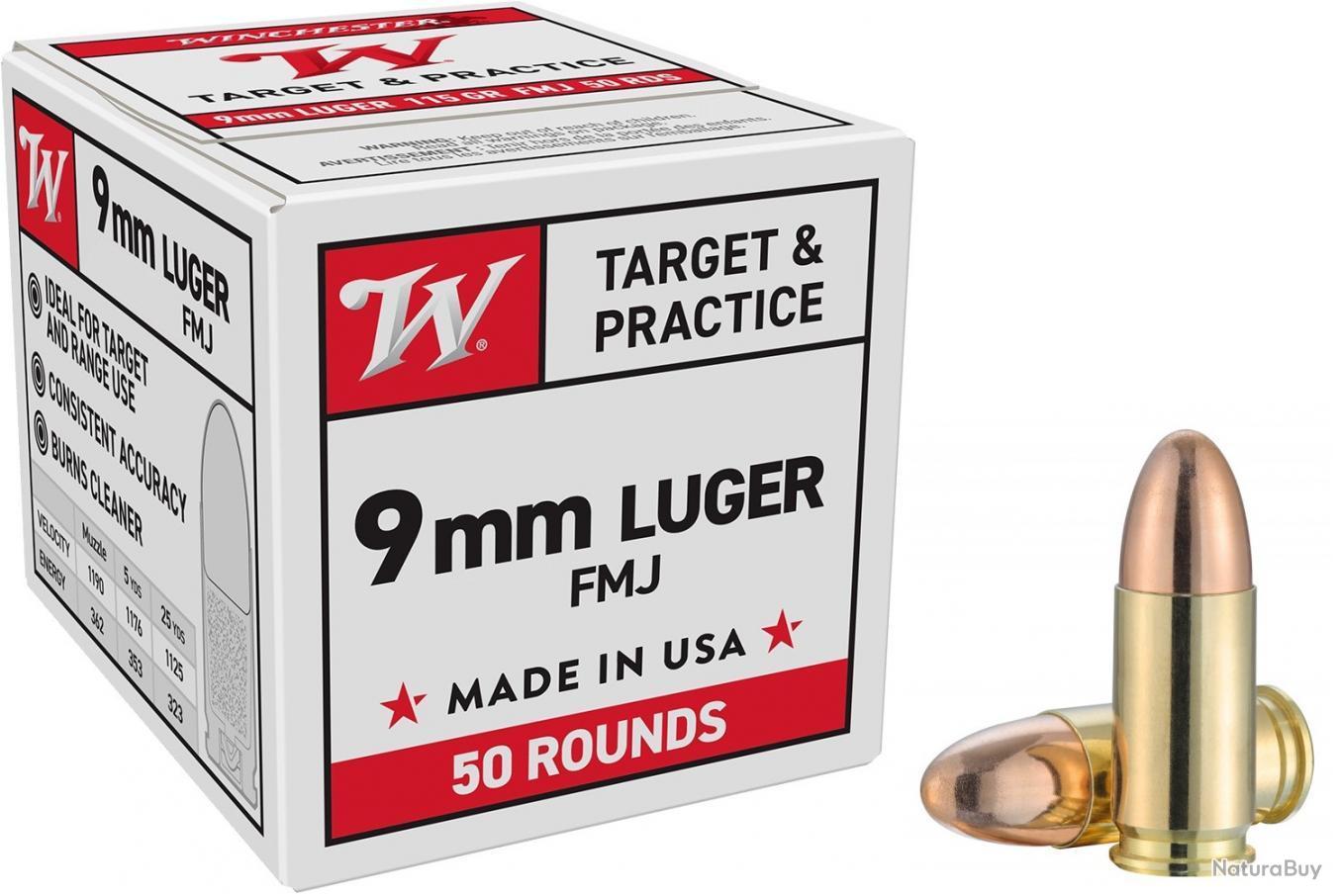 Munitions WINCHESTER FMJ CALIBRE 9 mm Luger / 9 x 19 / 9 mm para 124 ...