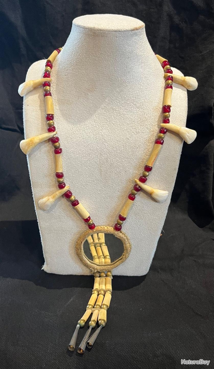 Joli collier os perles dents miroir indien des plaines - Objets indiens ...