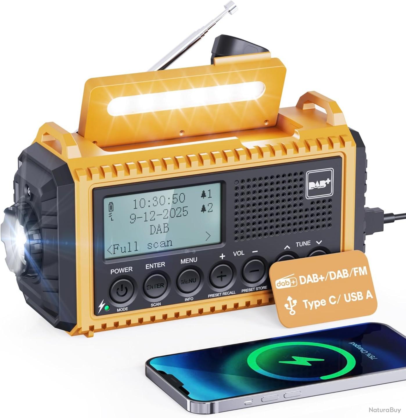 Radio Solaire Urgence Batterie 5000mAh Manivelle Dab Étanche IPX4 Lampe ...