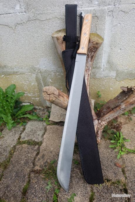 Grosse Machette Sabre Lame Acier Inox Manche Bois Dragonne Etui Nylon ...