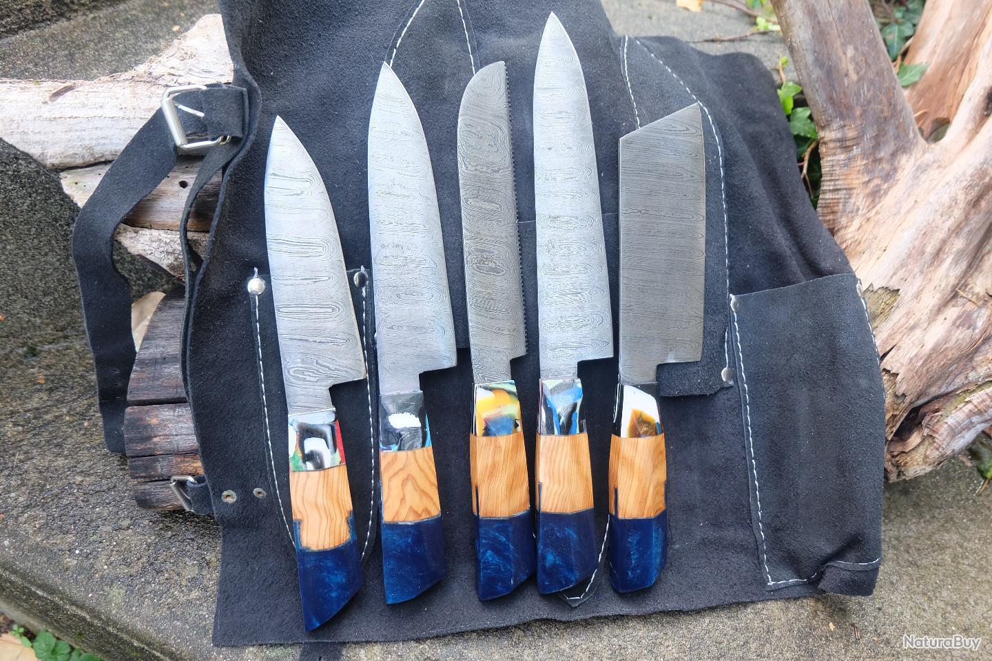 Lot de 5 Couteau de Cuisine Style Japonais Lame Acier Damas 256 Couches ...