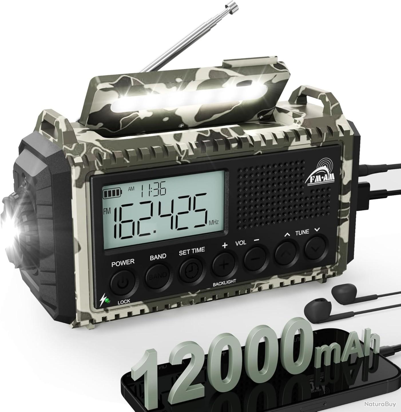Radio Solaire Urgence SOS Manivelle Batterie12000mAh Charge USB Lampe ...