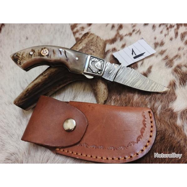 Couteau de poche pliant Fait À Main Lame Acier Damas Manche corne de ...