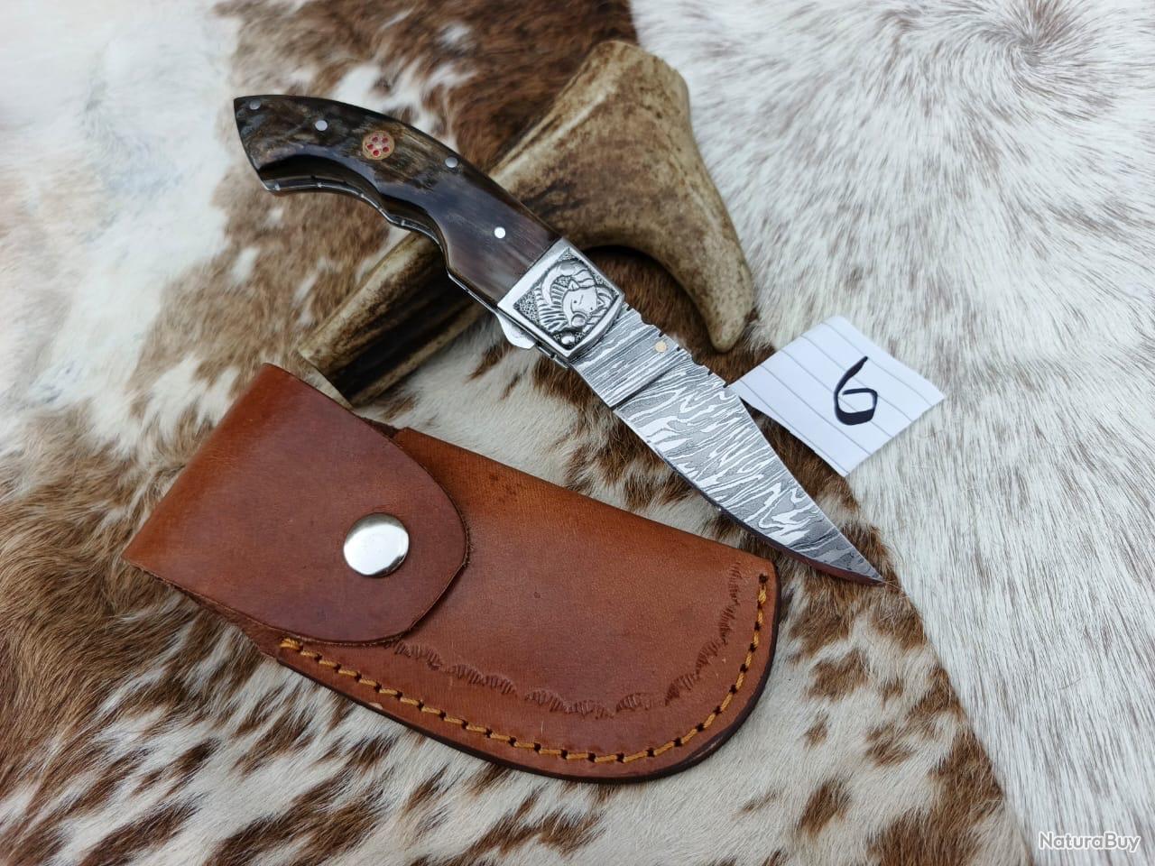 Couteau de poche pliant Fait À Main Lame Acier Damas Manche en Corne de ...